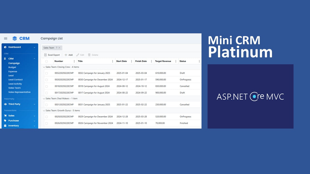 Mini CRM Platinum - ASP.NET Core MVC 9.x - Complete Source Code – INDOTALENT STORE
